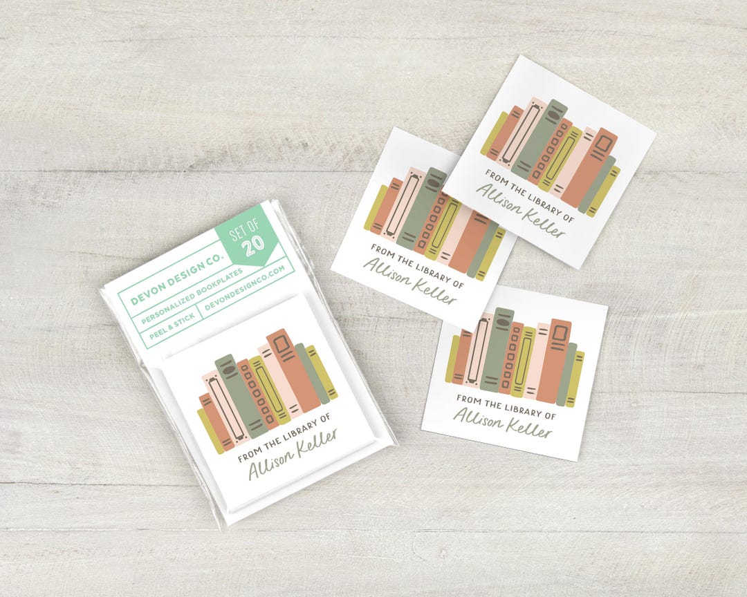Personalized Bookplate Stickers With Colorful Bookshelf Illustration, 2 ...