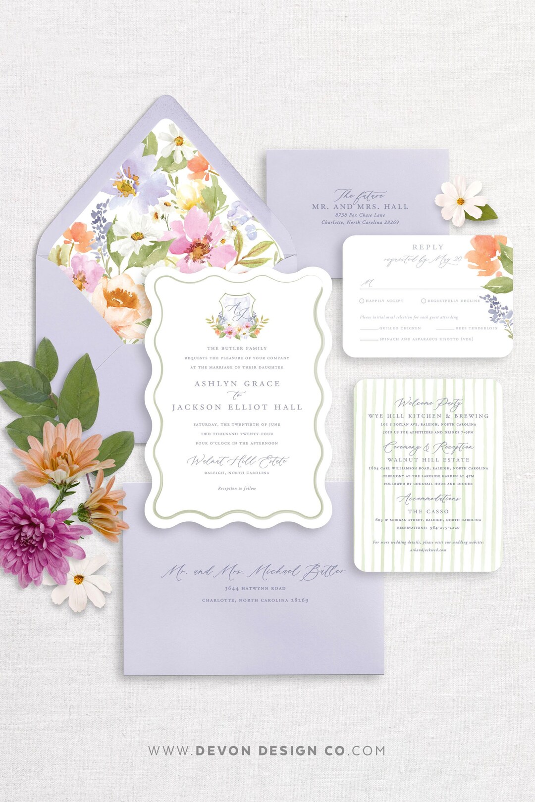 Wavy Edge Wedding Invitation: Lavender Watercolor Floral Suite - Etsy