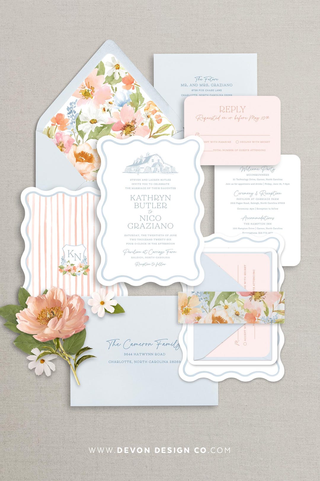 Wavy Die Cut Wedding Invitation With Venue Sketch, Pink and Blue ...