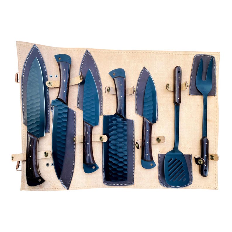 Custom Handmade Black Kitchen Knife Set With BBQ Sickle and Fork Comes ...