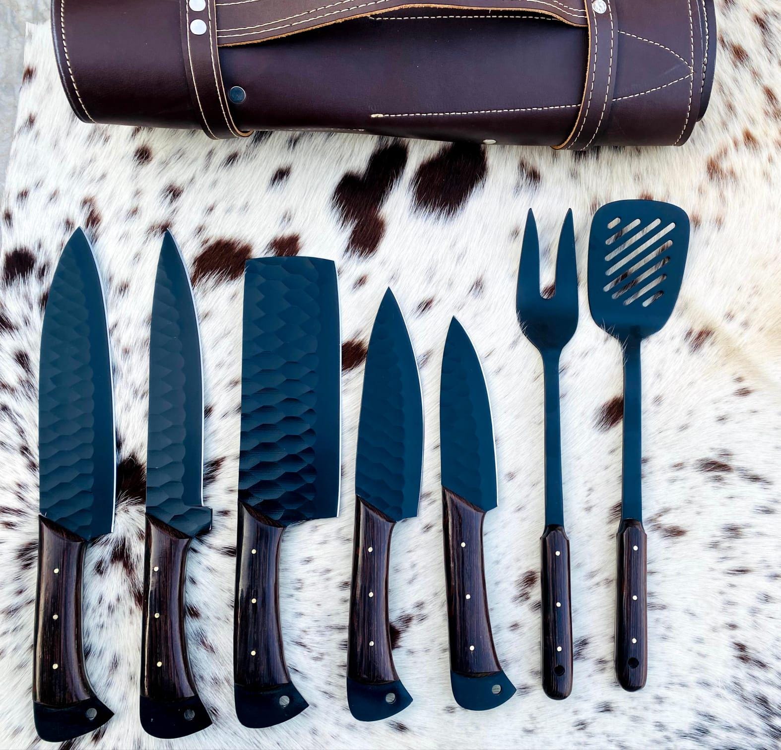 Custom Handmade Black Kitchen Knife Set With BBQ Sickle and Fork Comes ...