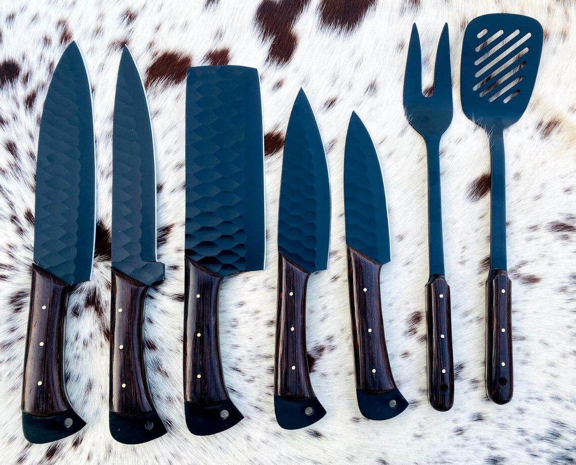 Custom Handmade Black Kitchen Knife Set With BBQ Sickle and Fork Comes ...