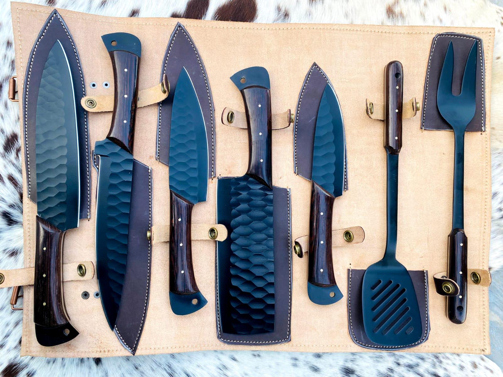 Custom Handmade Black Kitchen Knife Set With BBQ Sickle and Fork Comes ...