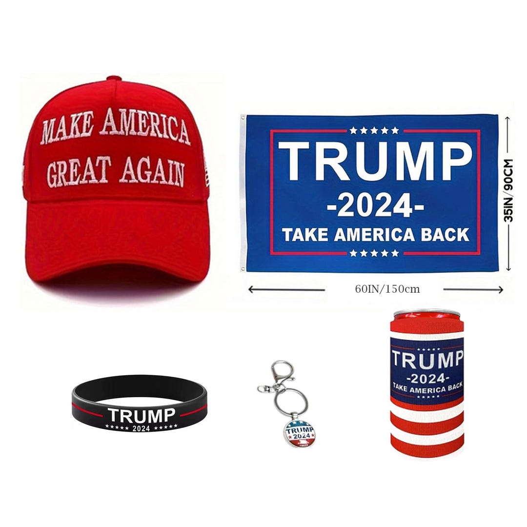 5pcs Set Trump 2024 America Flag MAGA Red Hat Cap Can Holder Key Chain ...