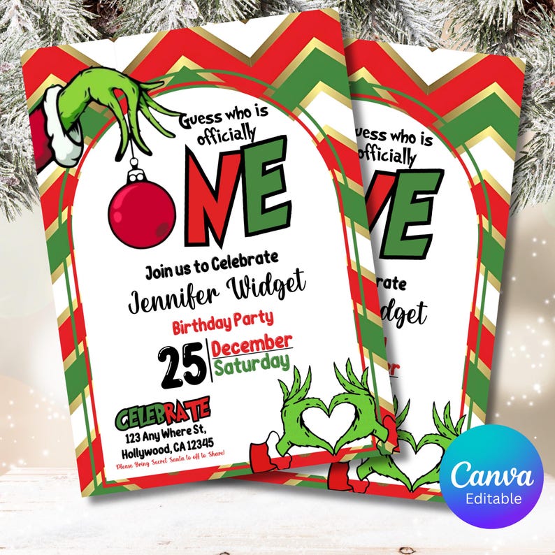 EDITABLE Christmas 1st Birthday Invitation, Mean One, Red Green ...