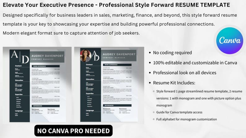Monogram Professional Resume Template – Editable Canva Design ...