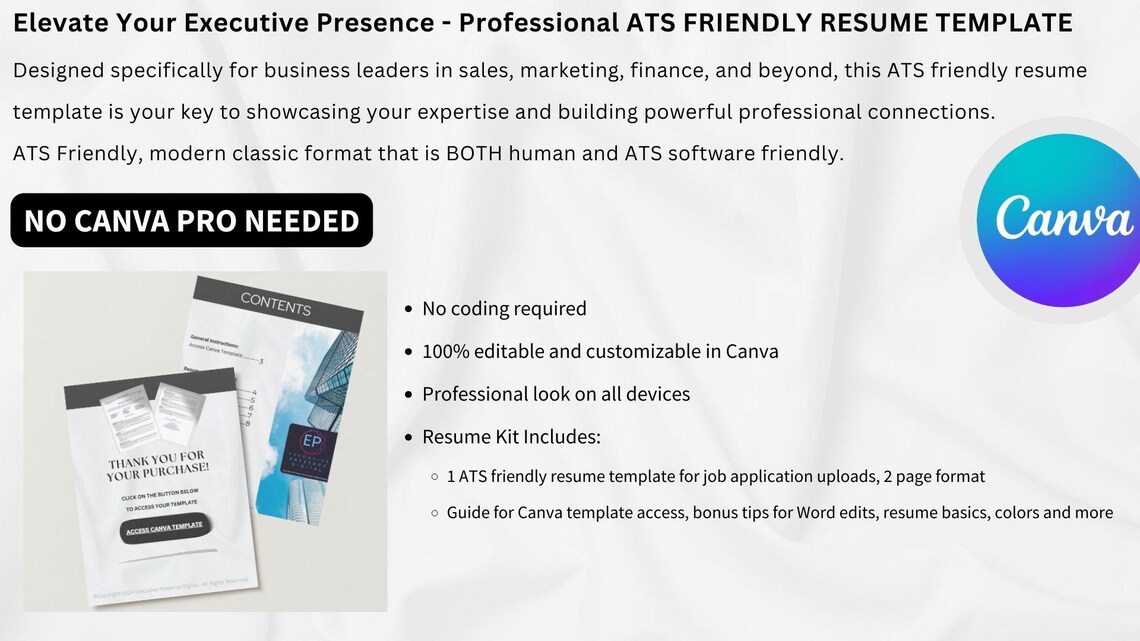 Canva Ats-friendly Resume Template | Executive & Graduate CV | Editable ...