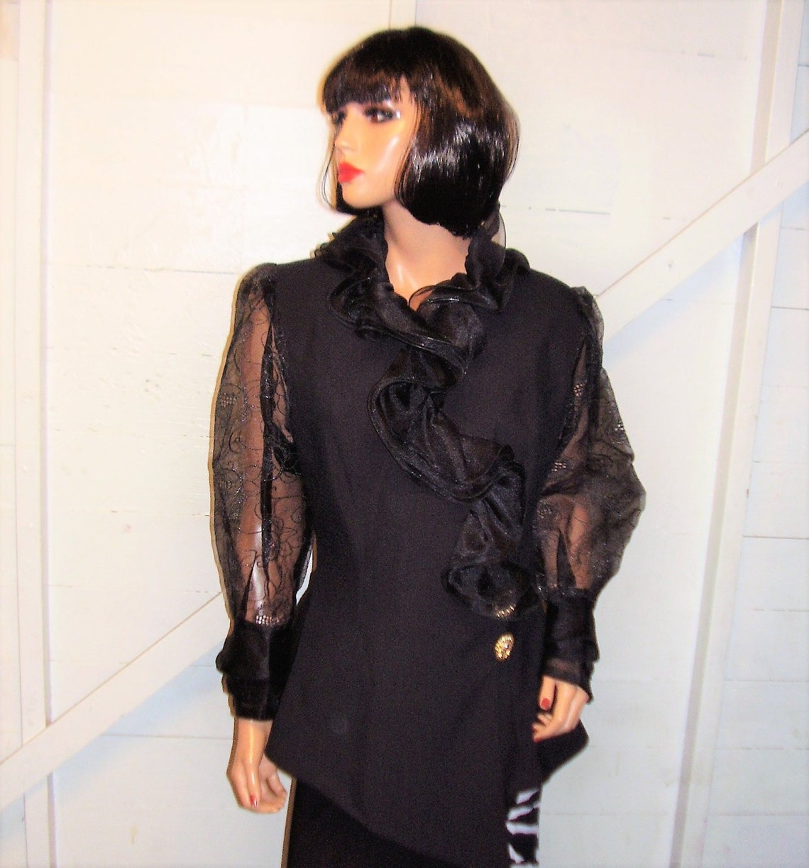 Vintage Maick Harold Paris Black Sheer Lace Ruffled Asymmetrical Jacket ...