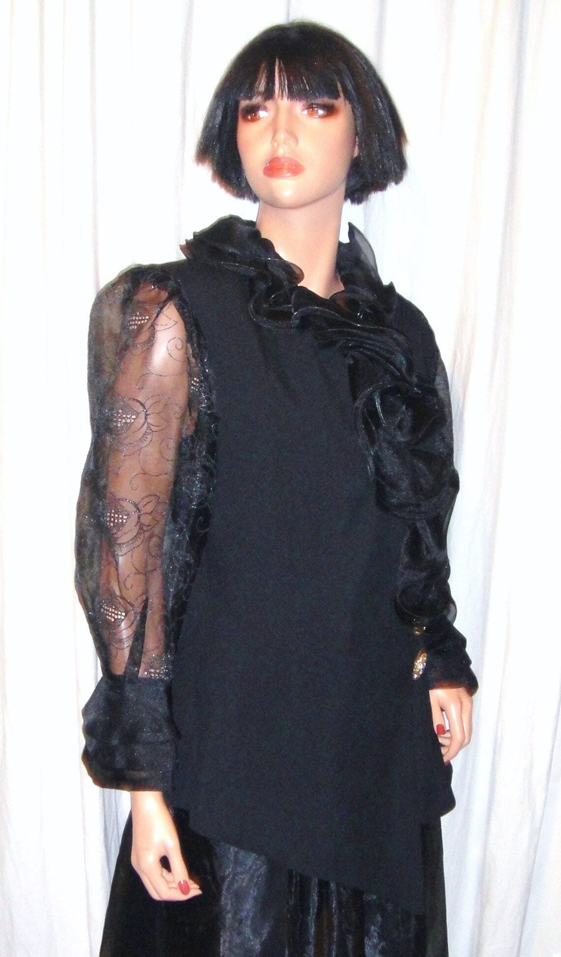Vintage Maick Harold Paris Black Sheer Lace Ruffled Asymmetrical Jacket ...