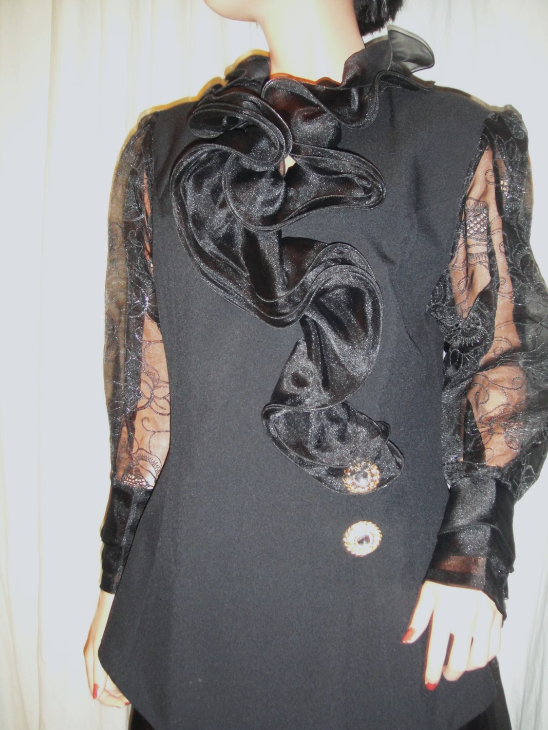 Vintage Maick Harold Paris Black Sheer Lace Ruffled Asymmetrical Jacket ...