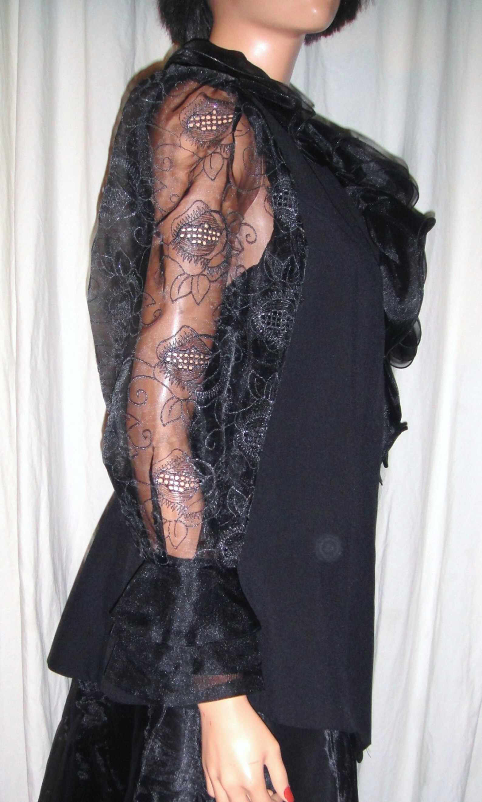 Vintage Maick Harold Paris Black Sheer Lace Ruffled Asymmetrical Jacket ...