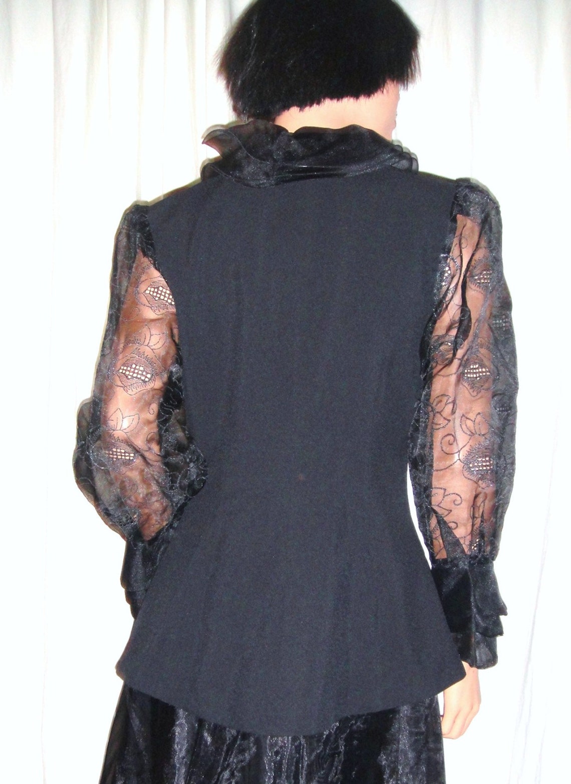 Vintage Maick Harold Paris Black Sheer Lace Ruffled Asymmetrical Jacket ...