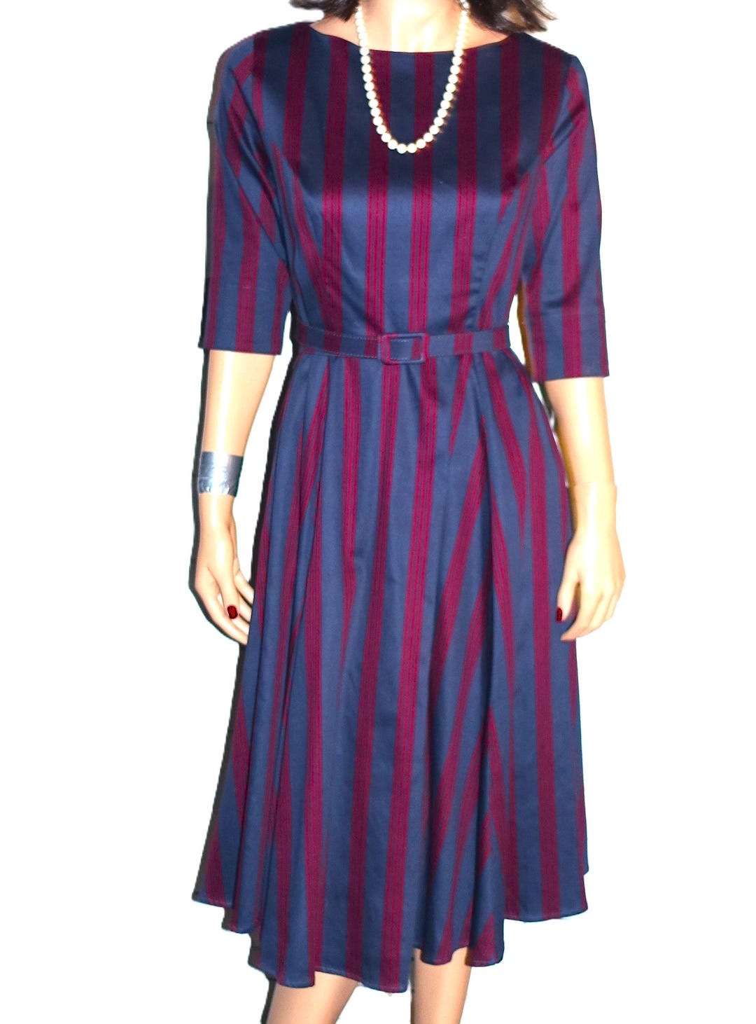 Collectif London Navy Blue Burgundy Striped Dress M - Etsy
