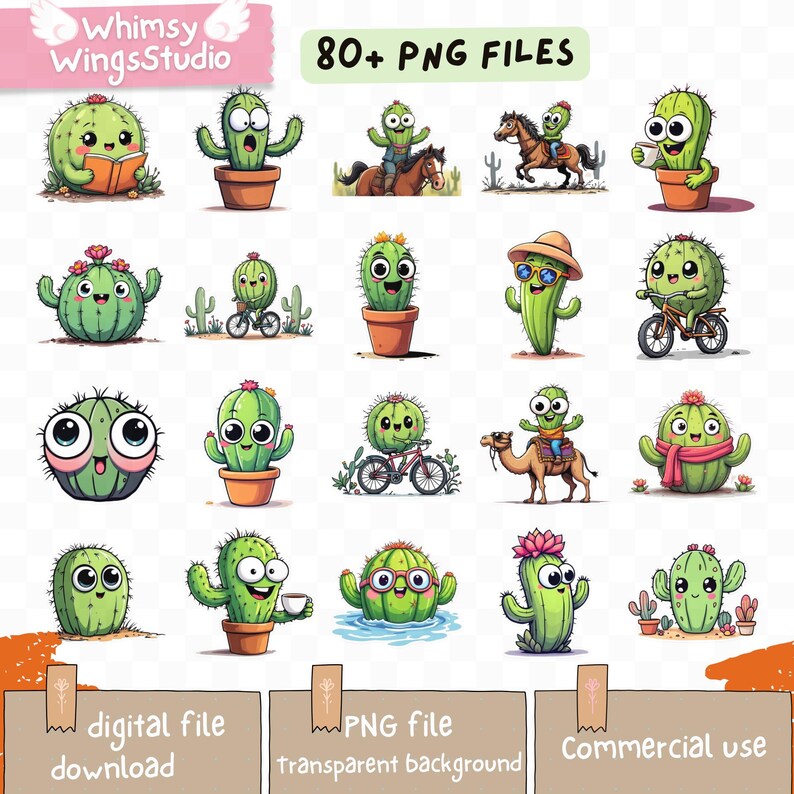 80+ Watercolor Cute Cartoon Cactus Clipart Bundle | Desert Graphics ...
