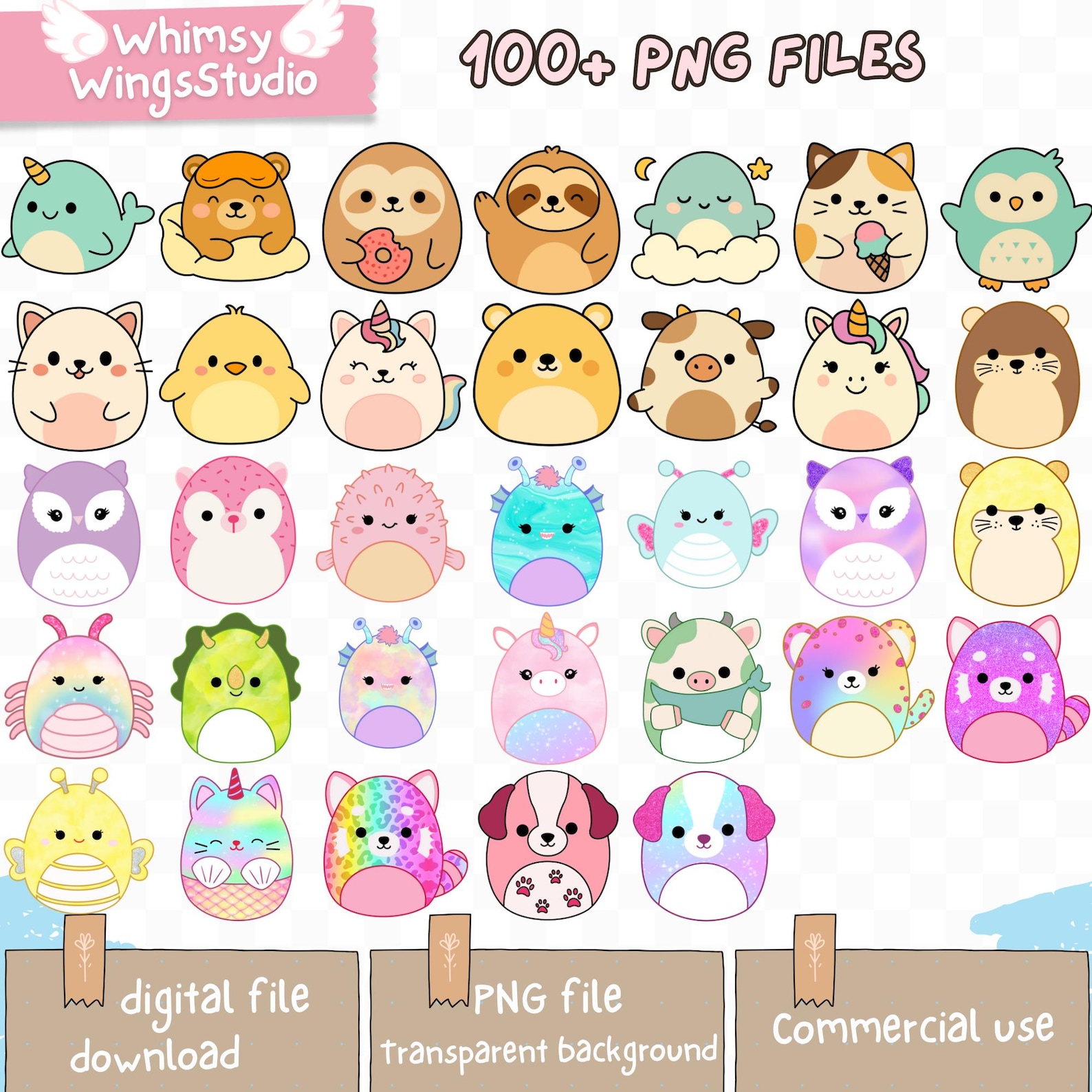 100+ Squishmallow Clipart PNG Bundle | Kawaii Animal Stickers (digital ...