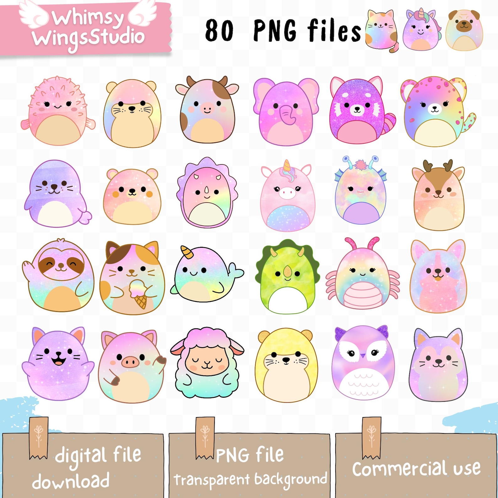 Kawaii Squishmallow Clipart Bundle: Pastel Animal PNG Stickers (digital ...
