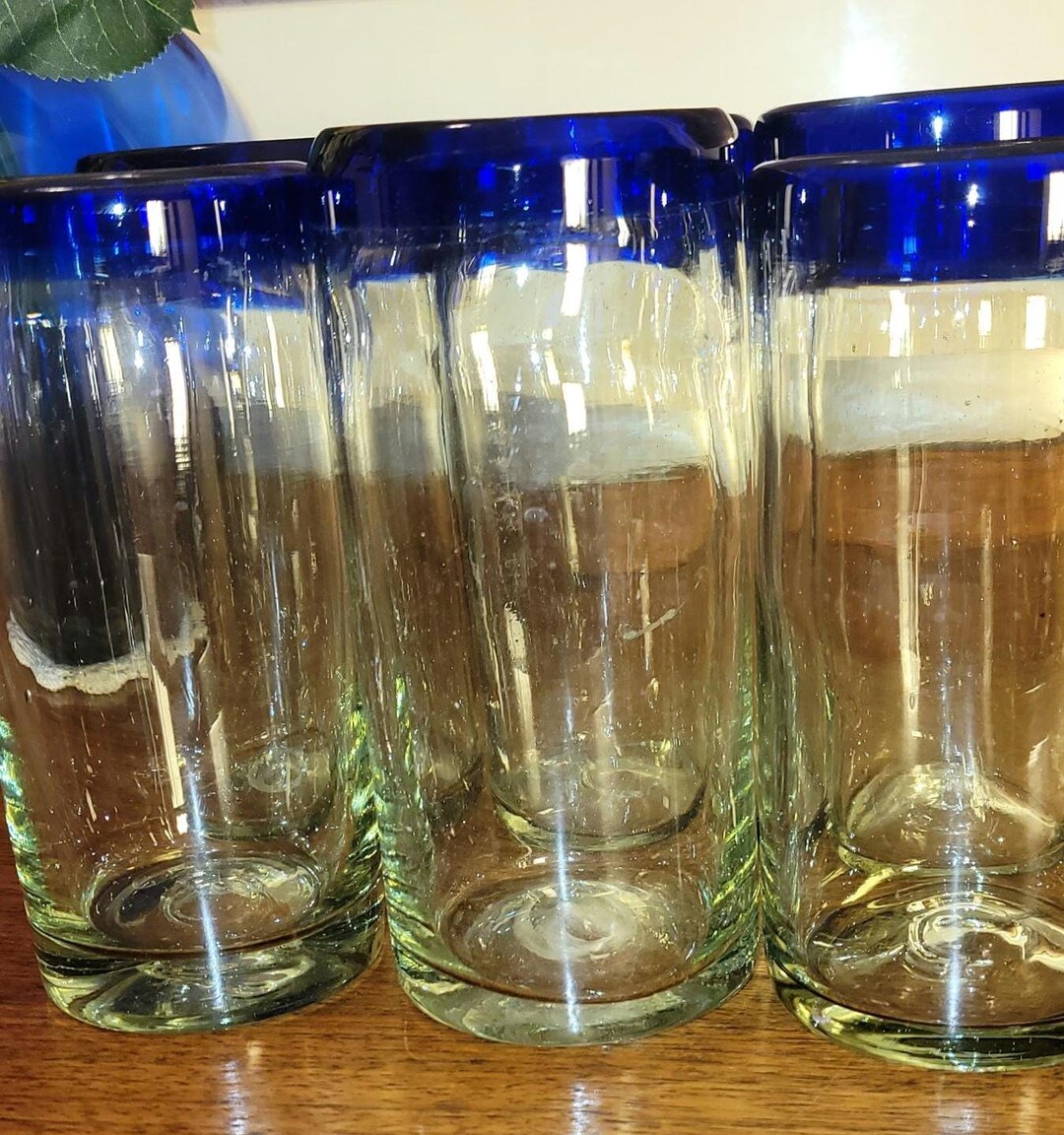 Mouth Blown Blue Rimmed Glass Tumbler. - Etsy