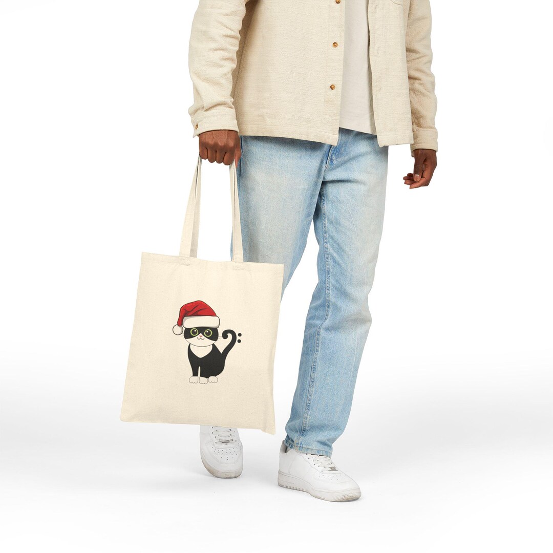 Bass Clef Tuxedo Cat Wearing Santa Hat - Canvas Tote| Festive Kitty ...