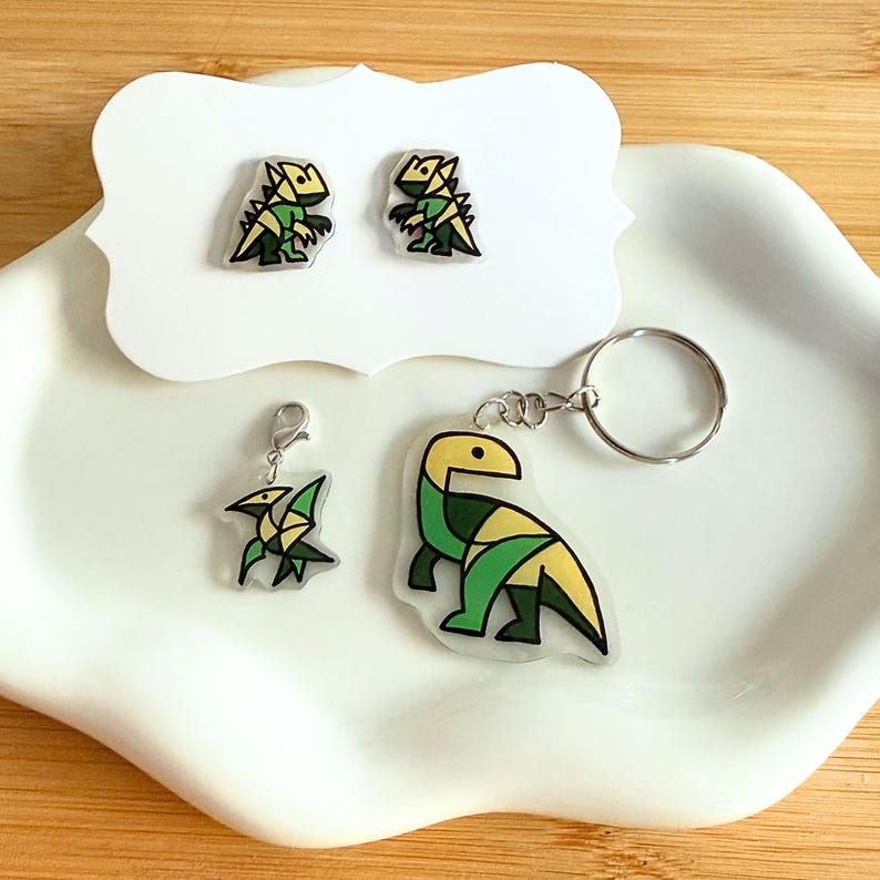 Dinosaur Set | Handmade Dino Jewellery | Earrings Charm Keychain Set ...