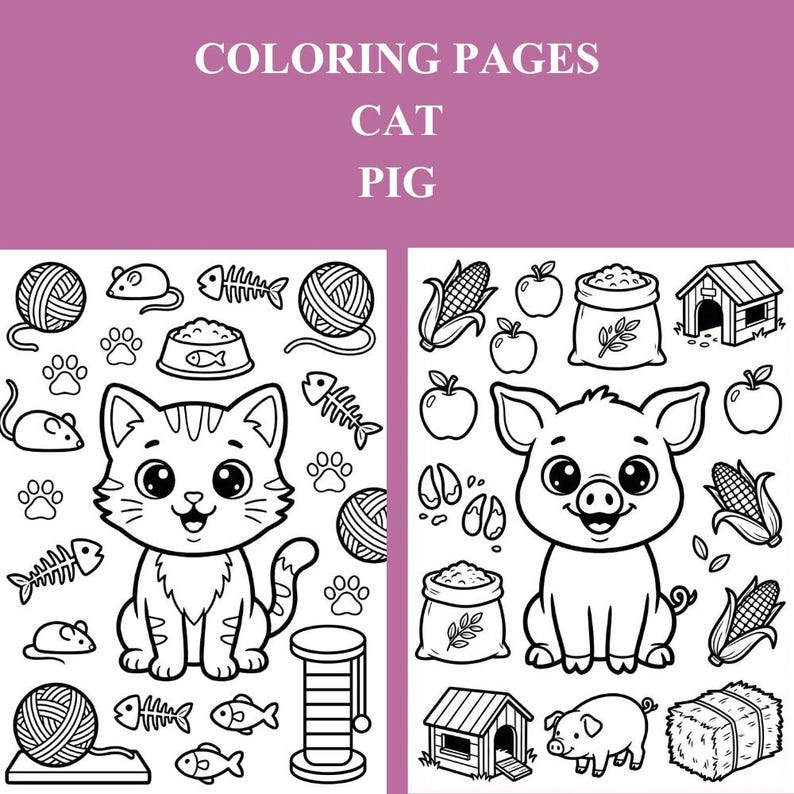12 Printable Kids Animals Coloring Pages (dog, Cat, Monkey, Giraffe ...