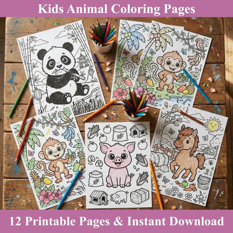 12 Printable Kids Animals Coloring Pages (dog, Cat, Monkey, Giraffe ...