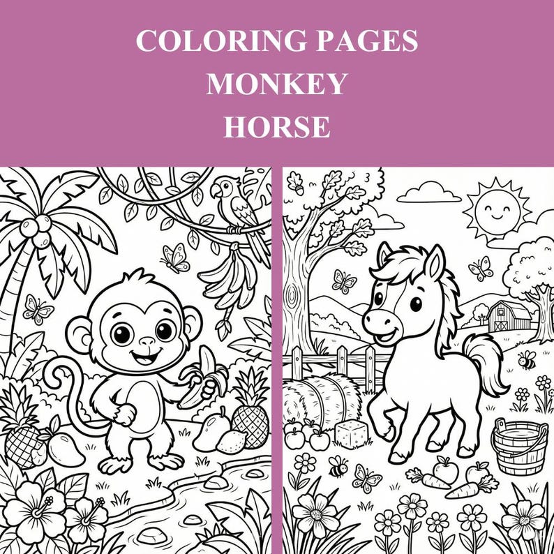12 Printable Kids Animals Coloring Pages (dog, Cat, Monkey, Giraffe ...