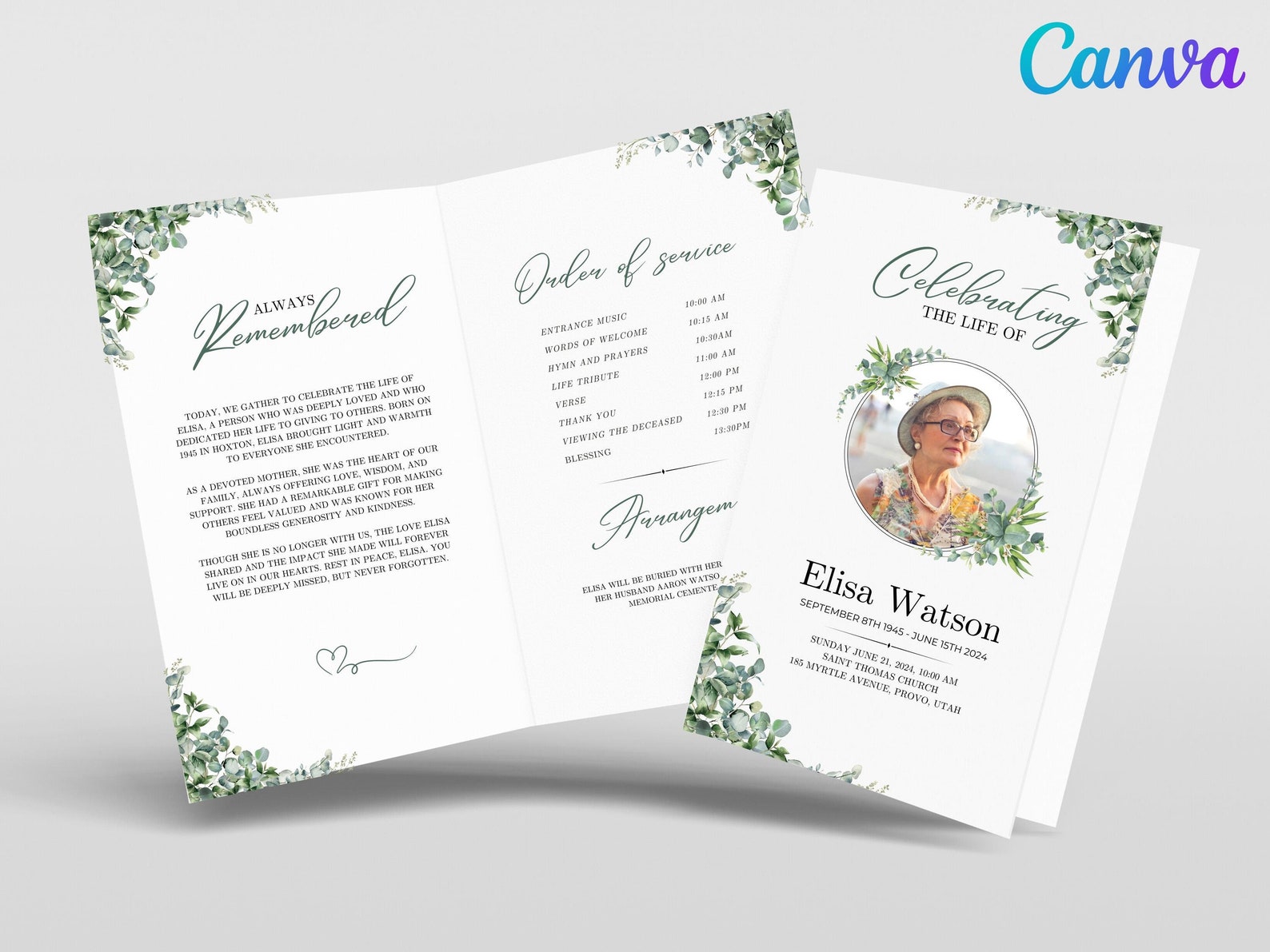 Funeral Program Canva Template Simple Funeral Memorial Program Greenery ...