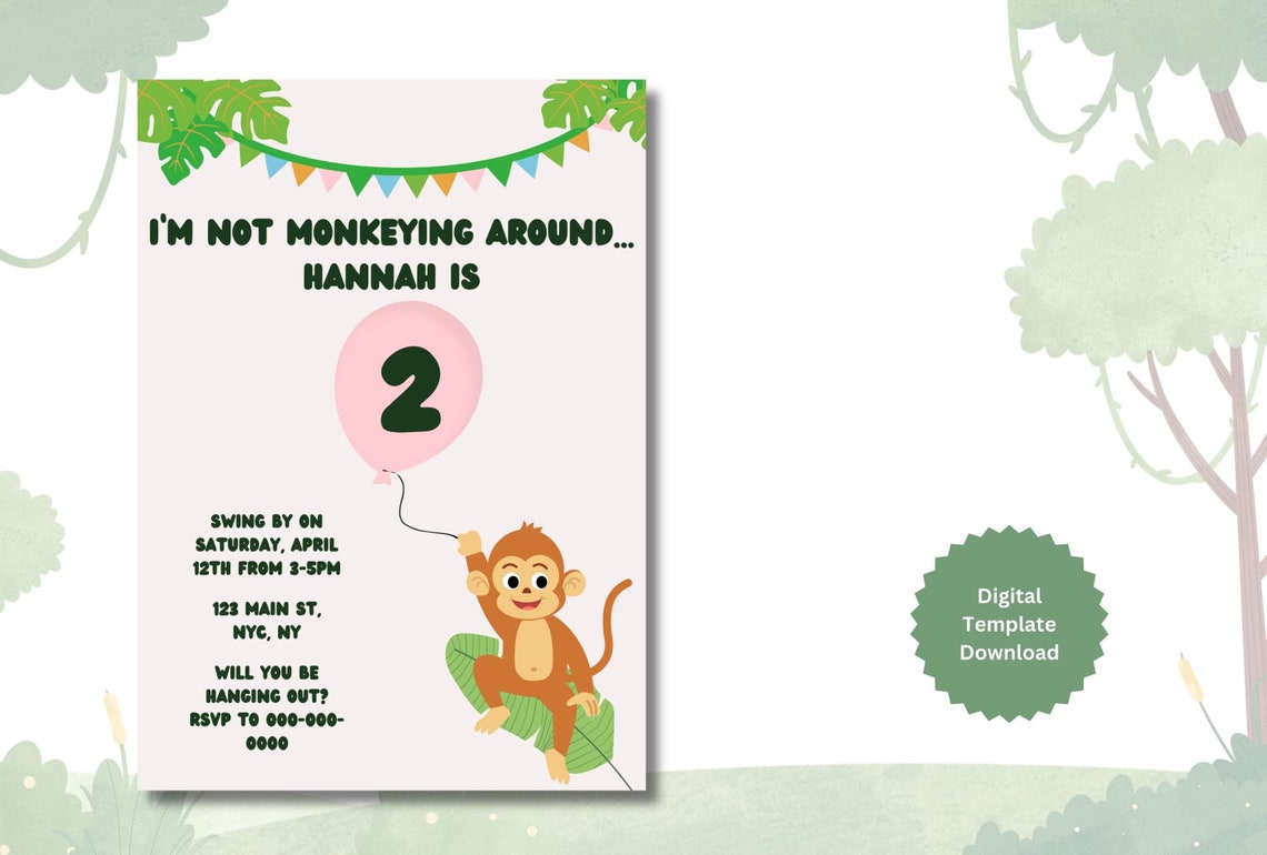 Jungle Themed Birthday Invitation, Monkey Birthday Invitation, Kids ...