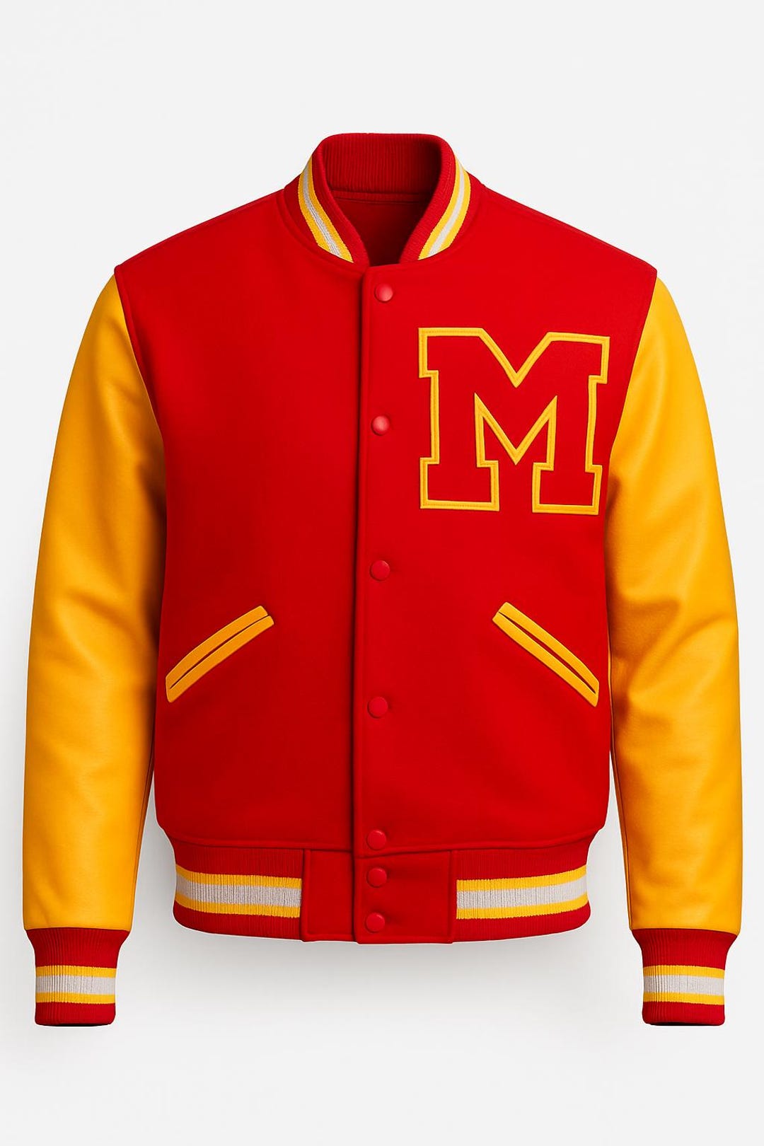 Varsity Letterman Jacket: Red Wool Body, Yellow Faux Leather Sleeves Mj ...
