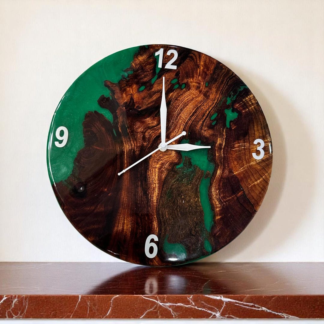 Forest Green Epoxy Resin Wooden Wall Clock | Handmade Live Edge Wall ...