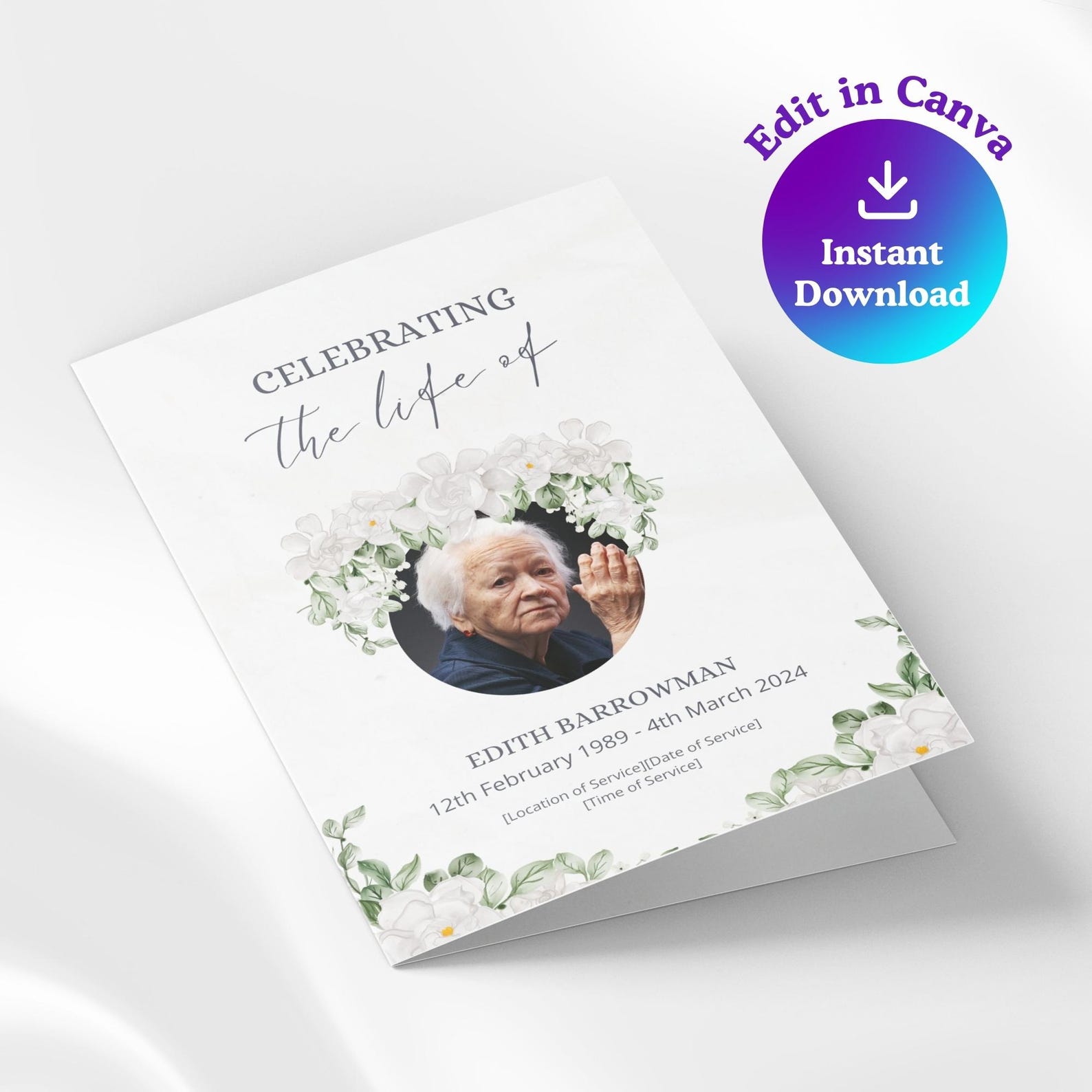 Greenery Floral Obituary Template, Canva Editable Funeral Program ...