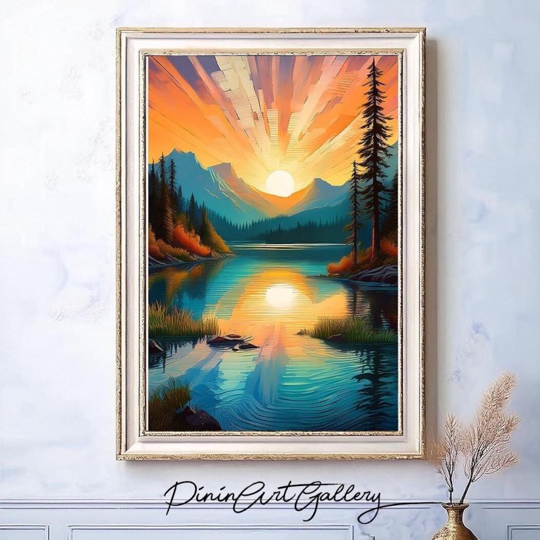 Printable Sunset Landscape Over a Tranquil Forest Lake Made From ...