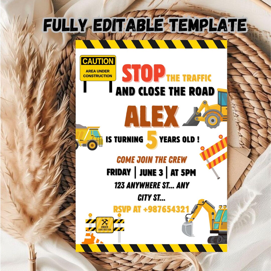 Editable Construction Truck Birthday Invitation Template (digital ...