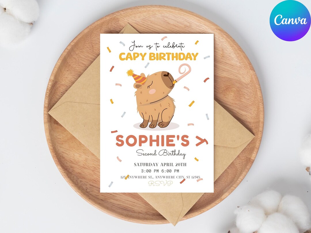 Capybara Birthday Invitation Template for Kids, Cute Capy Themed Party ...