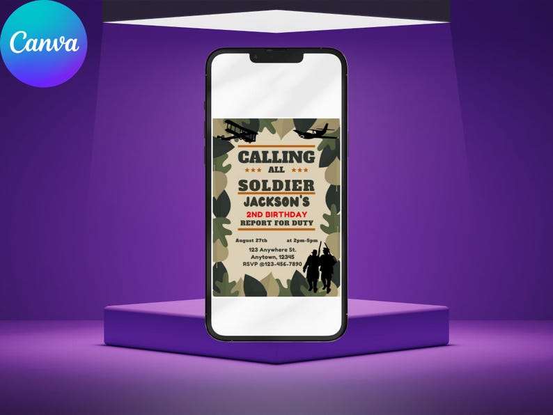 Editable Army Birthday Invitation: Military Soldier Party (canva ...