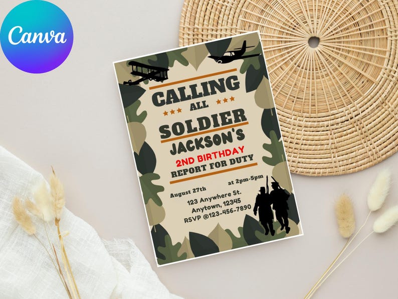 Editable Army Birthday Invitation: Military Soldier Party (canva ...
