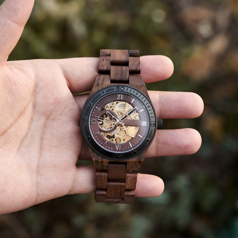 Men’s Tigerwood Mechanical Watch – Engraved Gift for Husband, Dad, or ...