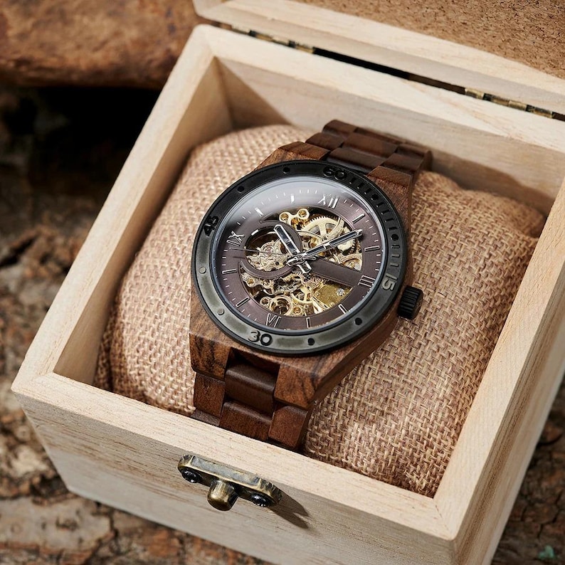 Men’s Tigerwood Mechanical Watch – Engraved Gift for Husband, Dad, or ...