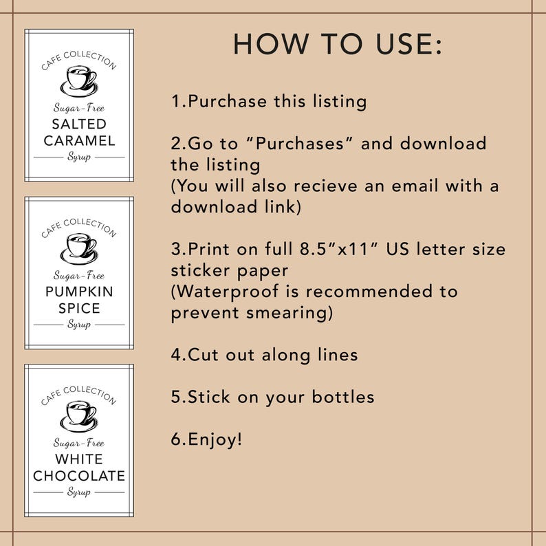 Printable Sugar Free Syrup Bottle Labels | for Coffee, Tea, Cocktails ...