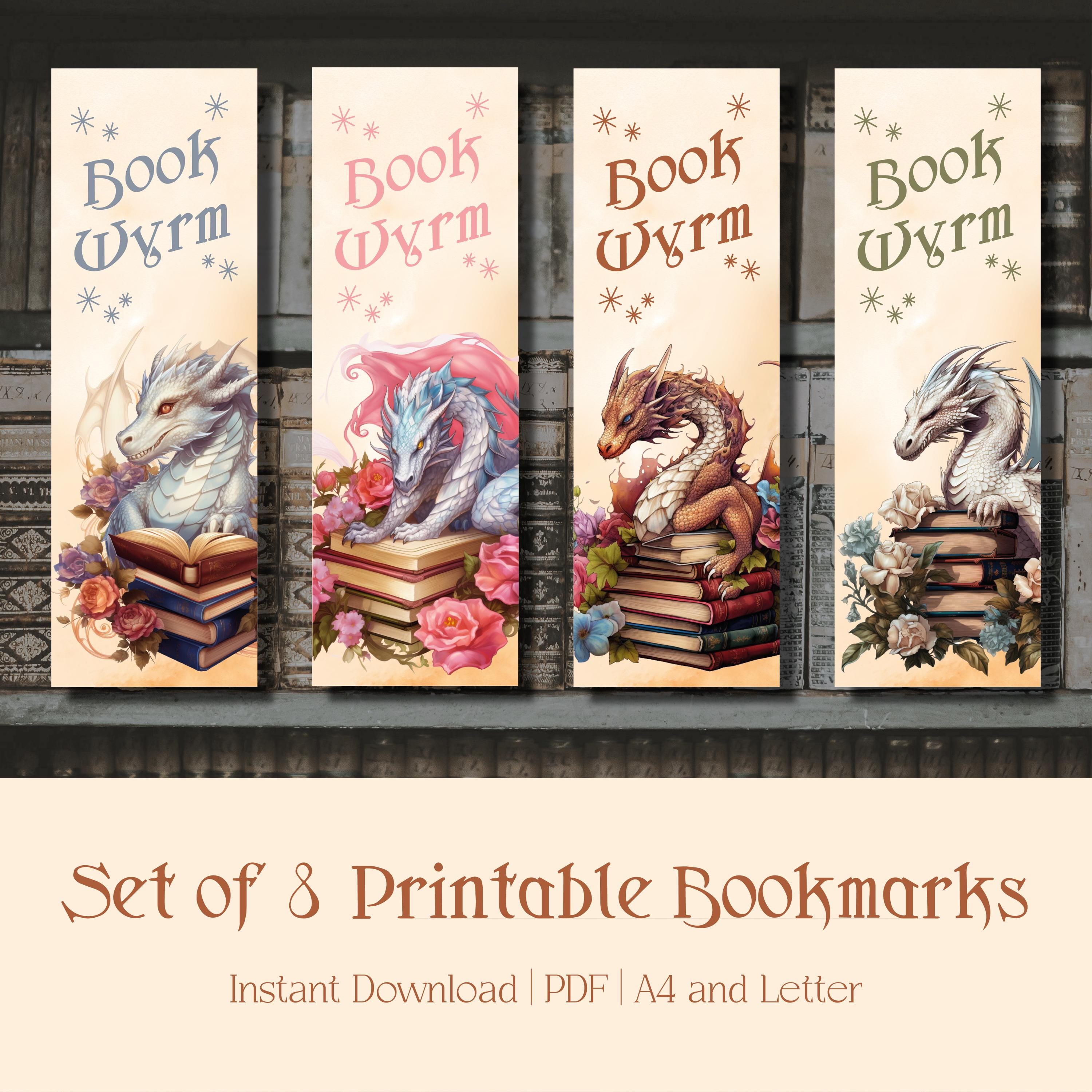 Set of 8 Printable Reading Dragon "book Wyrm" Bookmarks | Digital ...