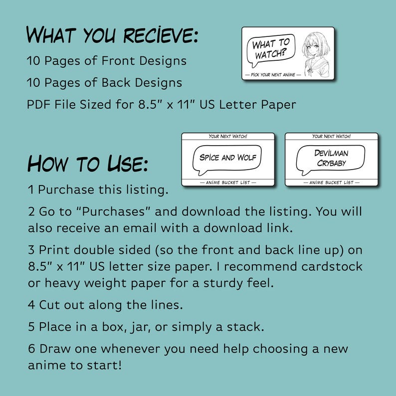 Printable Anime to Watch Bucket List Cards - Etsy