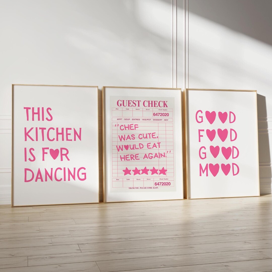 Pink Aesthetic Kitchen Decor Set of 3 Cute Kitchen Wall Art Minimalist ...