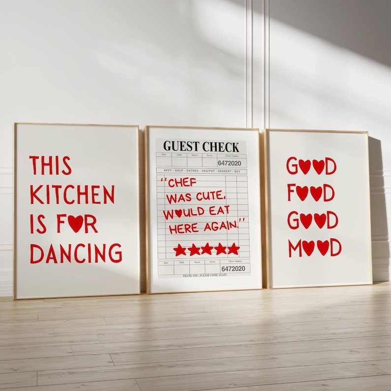 Red Aesthetic Kitchen Decor Set of 3 Cute Kitchen Wall Art Minimalist ...