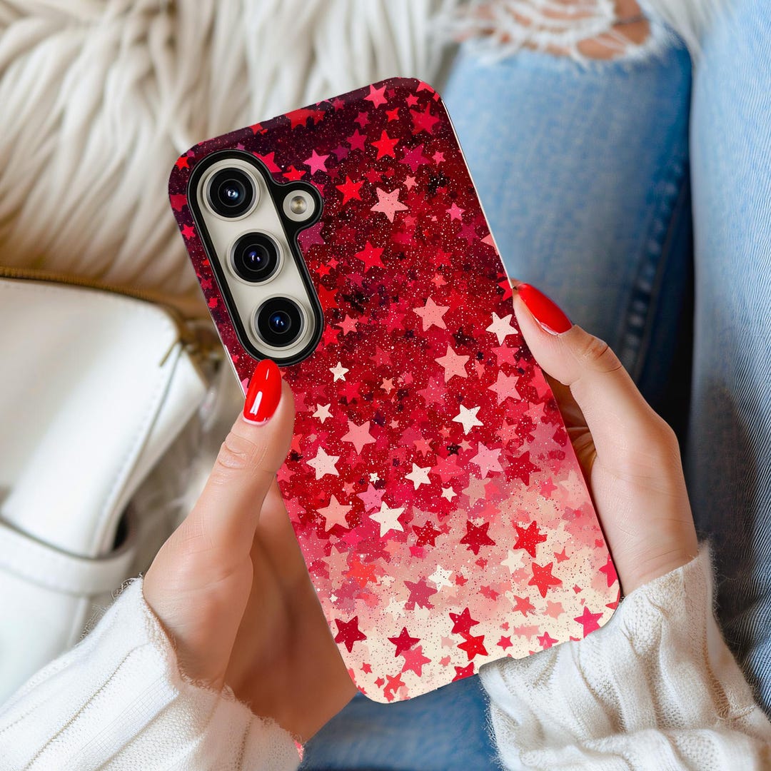 Starry Red Samsung Galaxy S25 Case - Pink Stars Samsung Cover - Celestial Samsung Case for ...