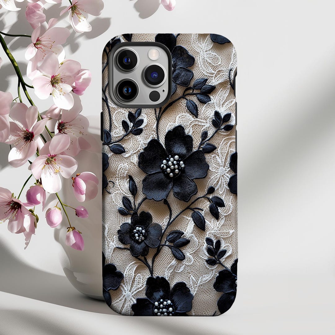 Intricate Floral Lace Phone Case, Embroidery Roses Cover iPhone 16 15 ...