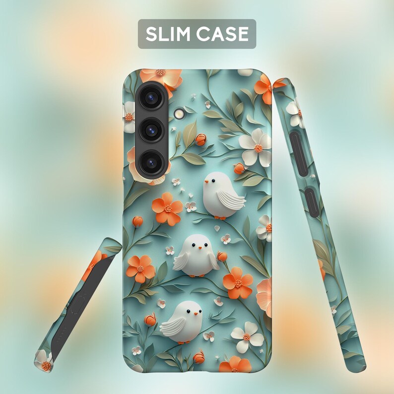 Cute Bird Trio Samsung Case Shows Three Round White Birds With Peach ...