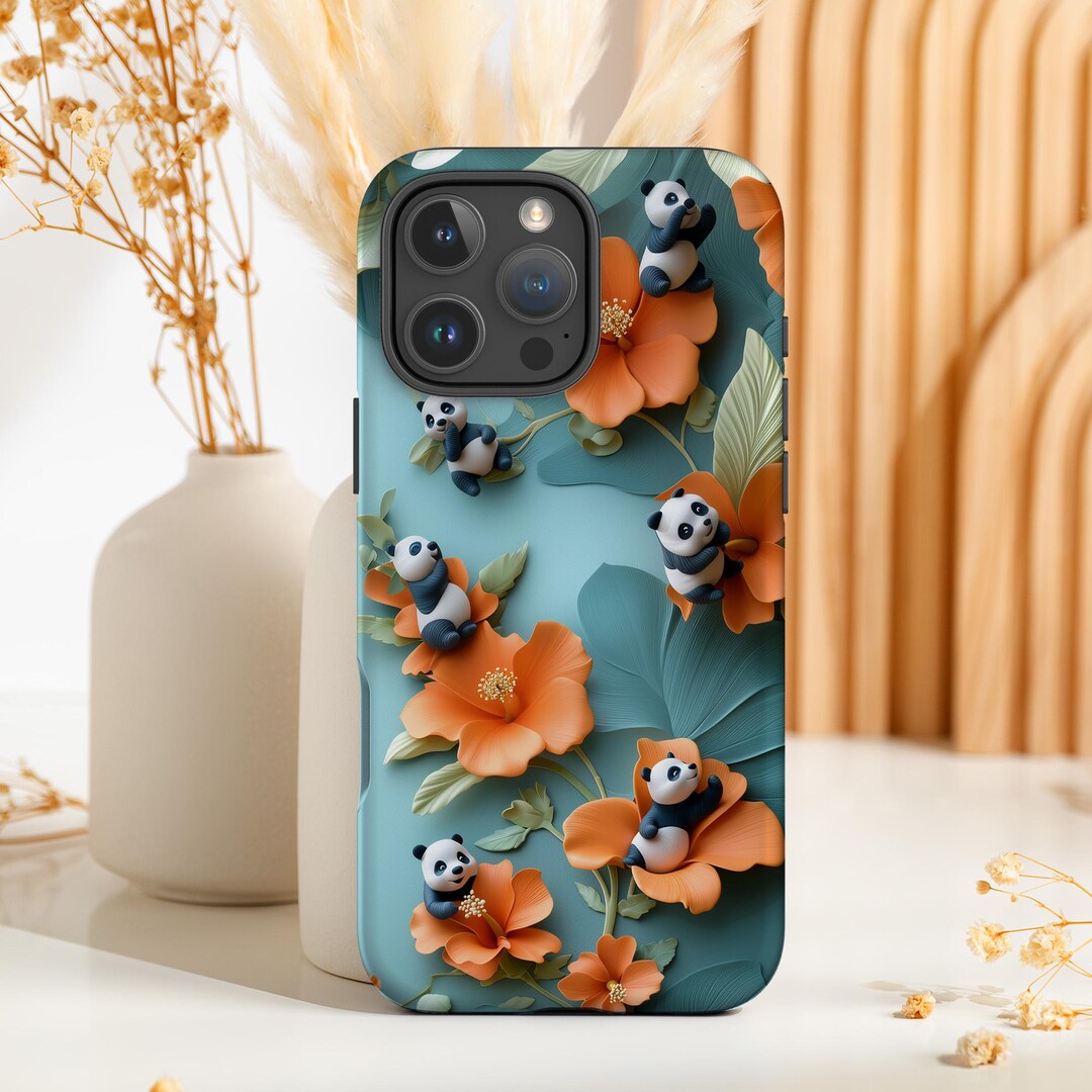 Kawaii Pandas Phone Case Blends Chibi Pandas With Orange Hibiscus ...