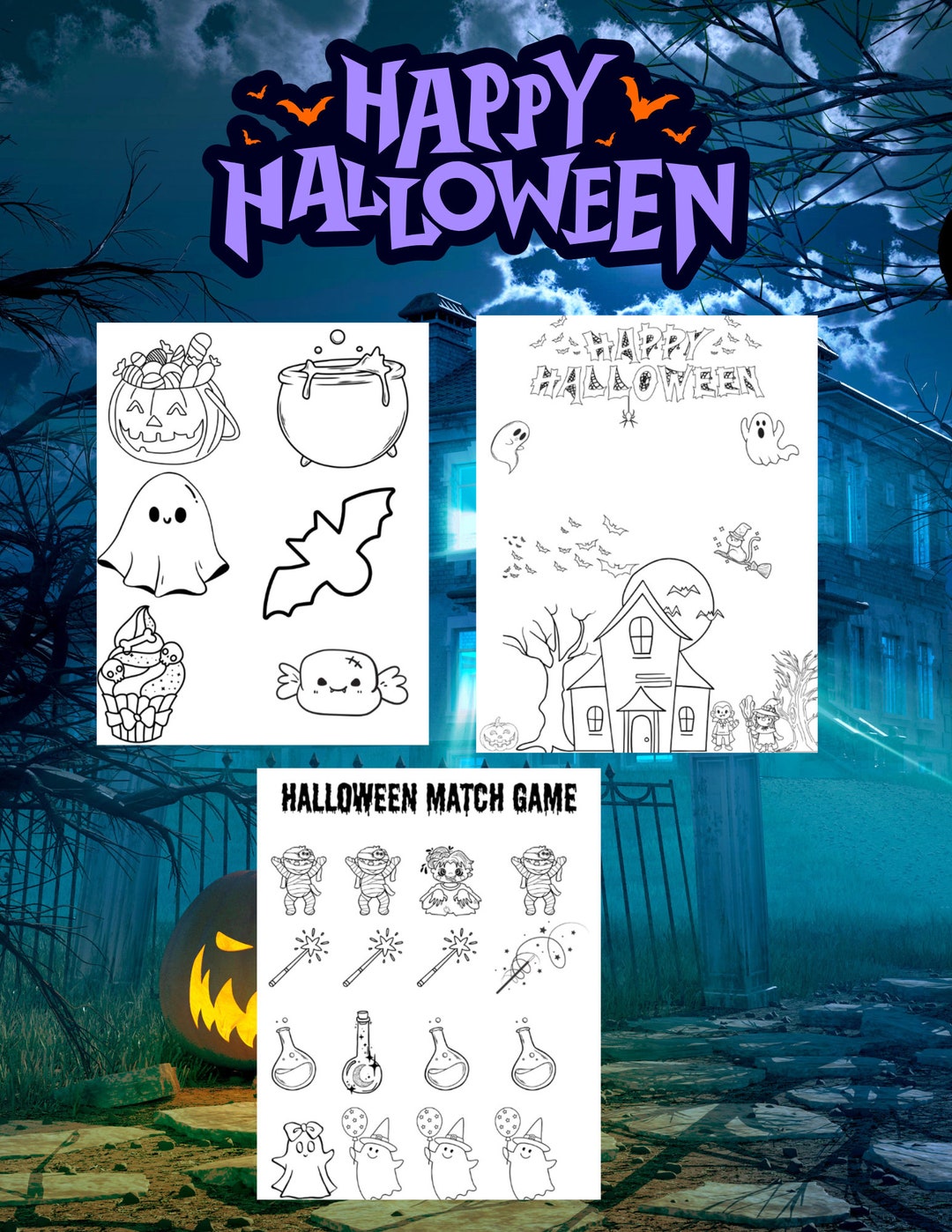 Halloween Coloring Pages + Match Game 3-pack - Etsy