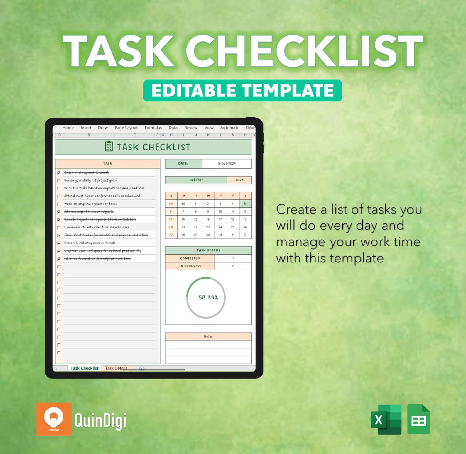 Daily Planner, Checklist, Excel & Google Spreadsheet, Daily Schedule ...