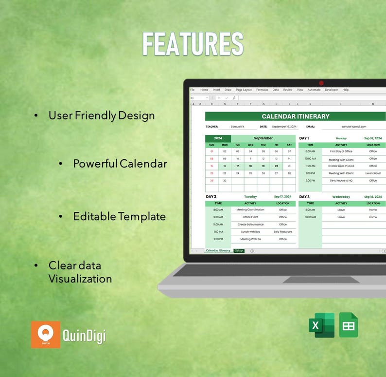 Calendar Itinerary Editable Itinerary and Daily Schedule Excel Google ...